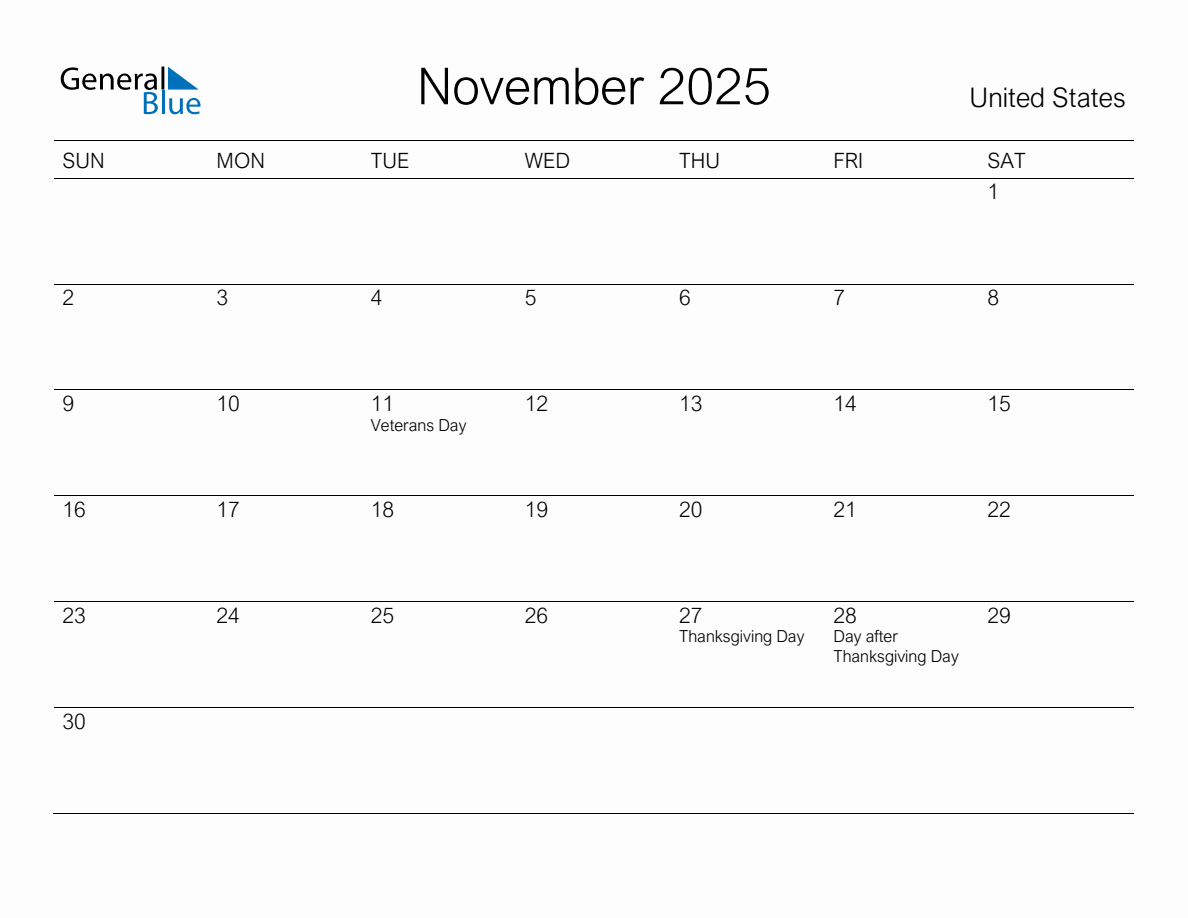 Printable November 2025 Monthly Calendar with Holidays for United States