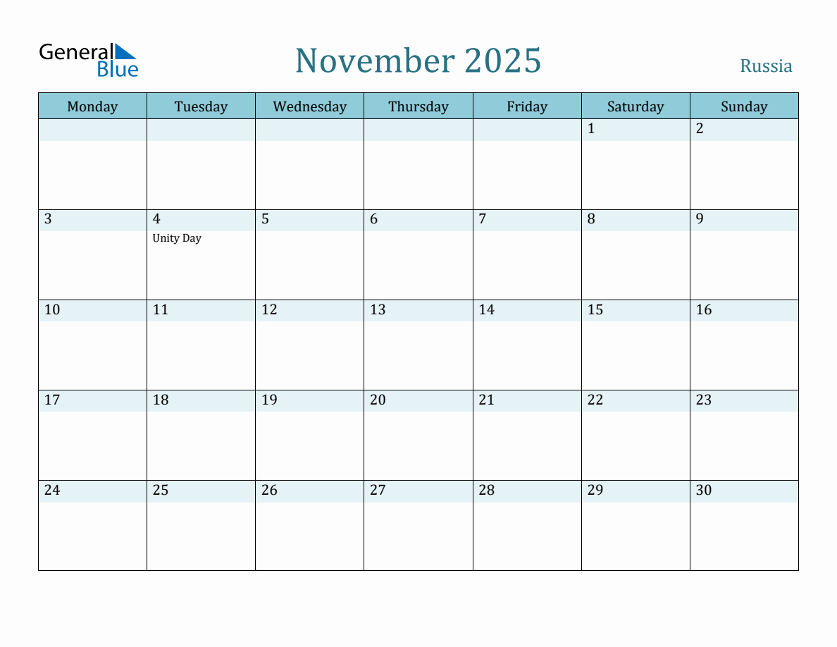 Russia Holiday Calendar for November 2025 (Monday Start)