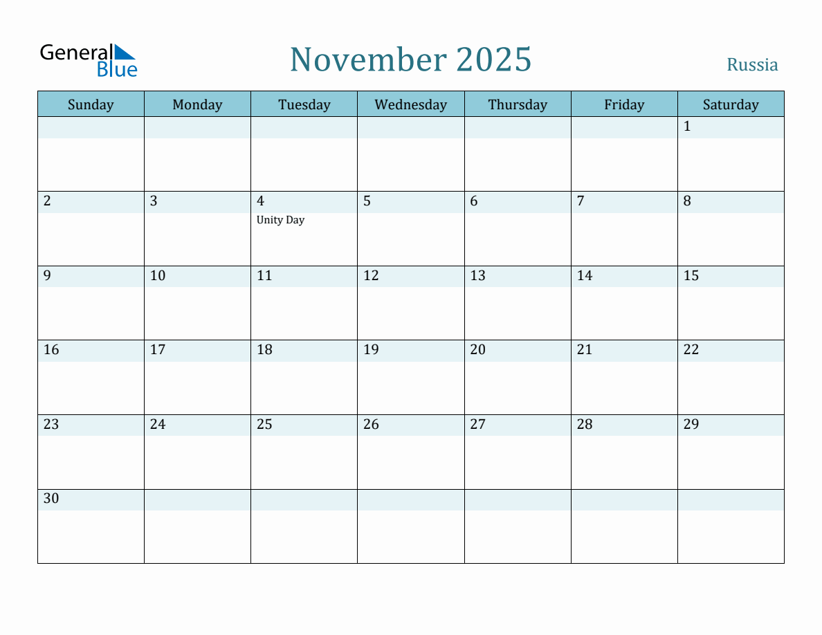 Russia Holiday Calendar for November 2025