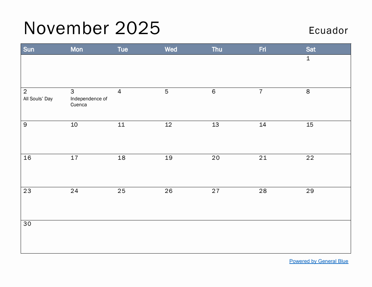 Free Monthly Calendar Template for November 2025 with Ecuador Holidays