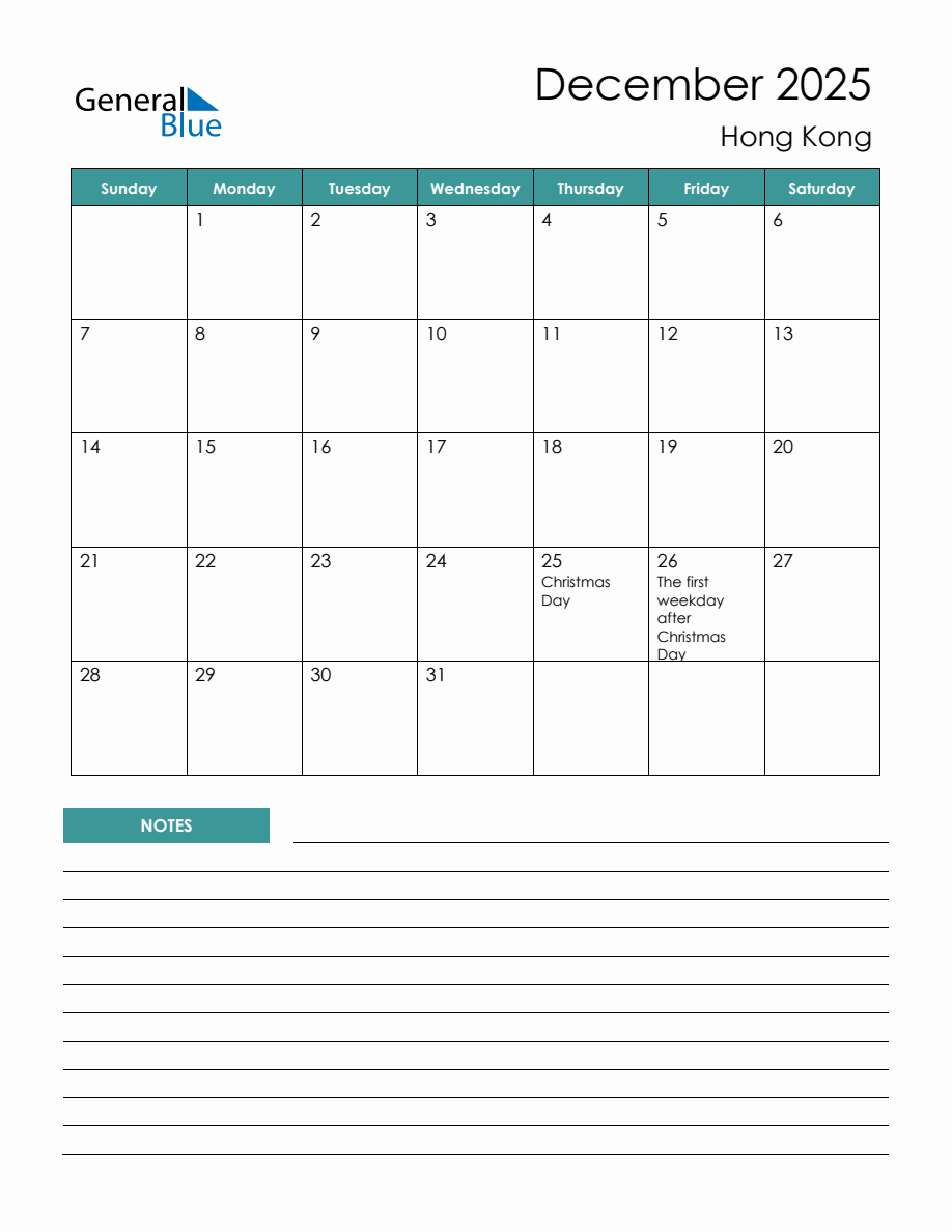 Monthly Planner with Hong Kong Holidays - December 2025