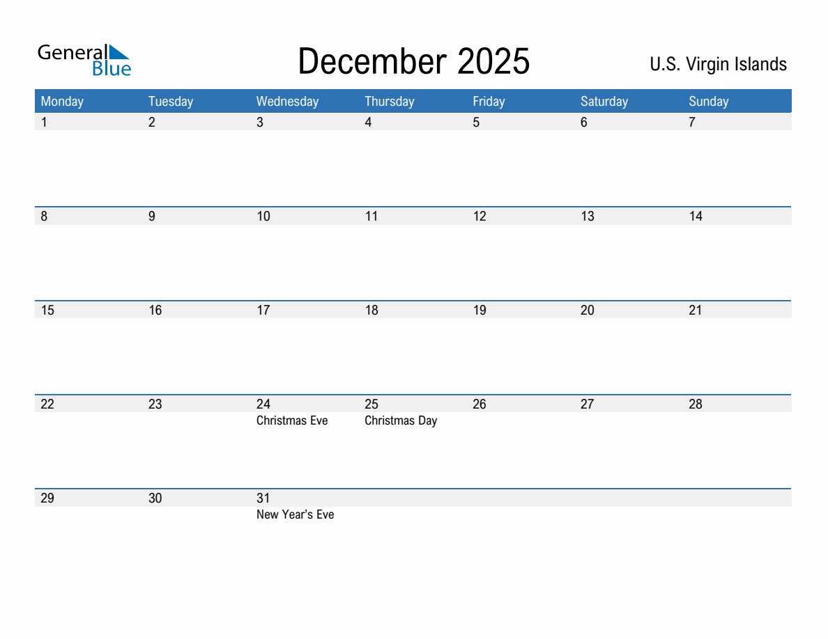 Editable December 2025 Calendar with U.S. Virgin Islands Holidays ...