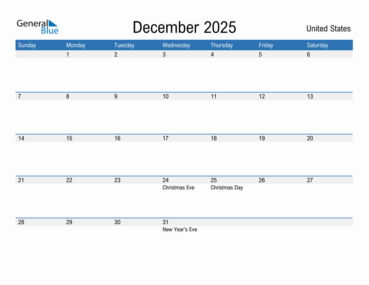December 2025 Monthly Calendars with United States Holidays