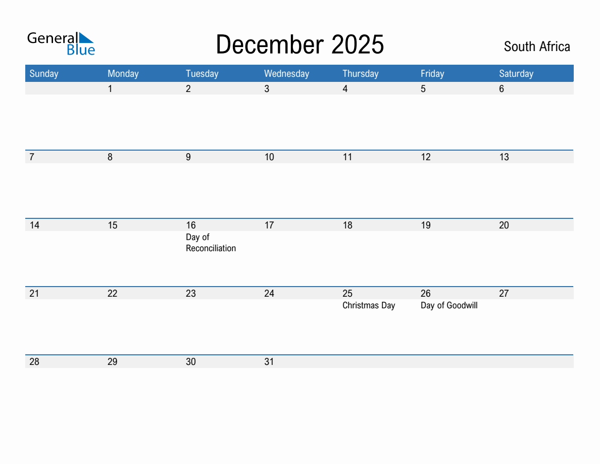 December 2025 Monthly Calendars with South Africa Holidays