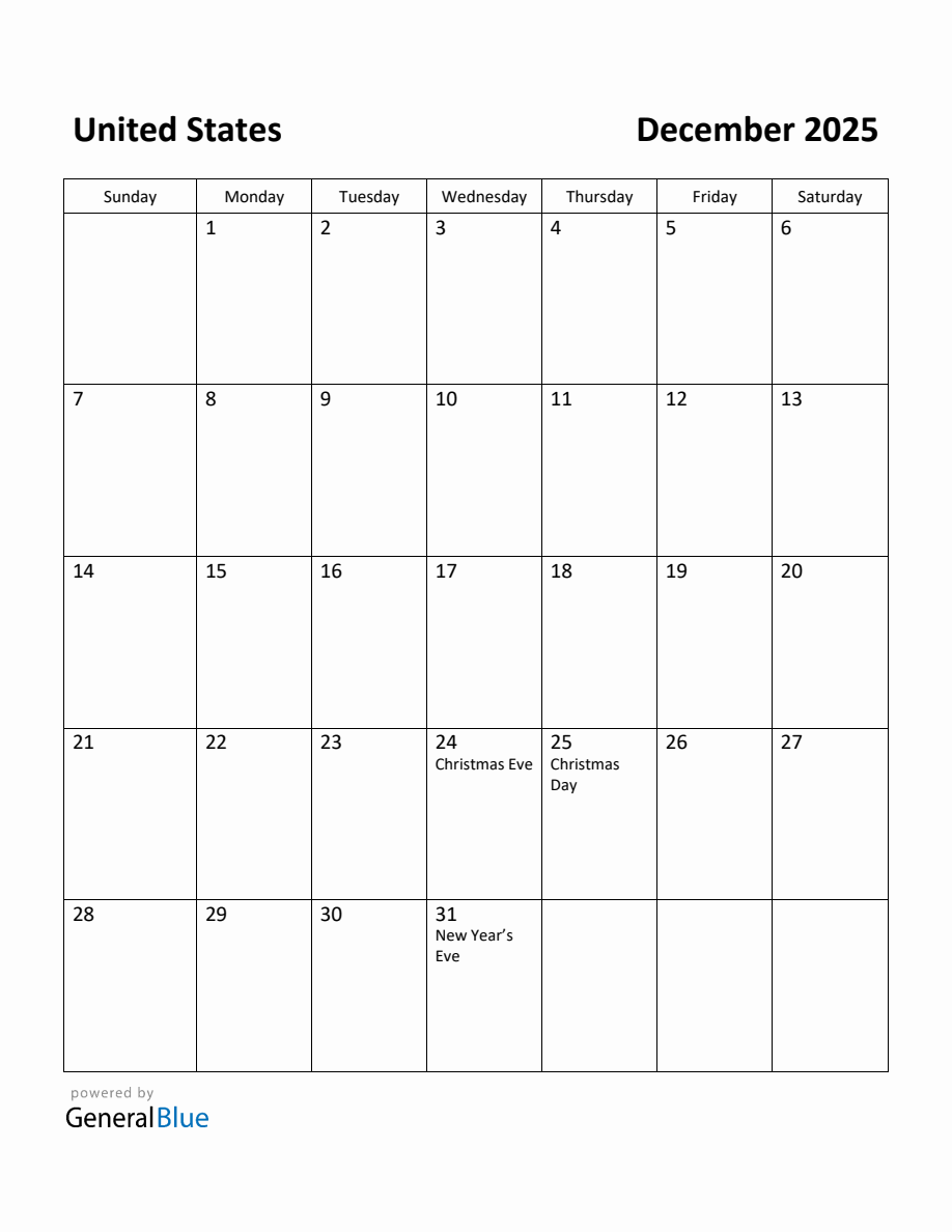 Free Printable December 2025 Calendar for United States