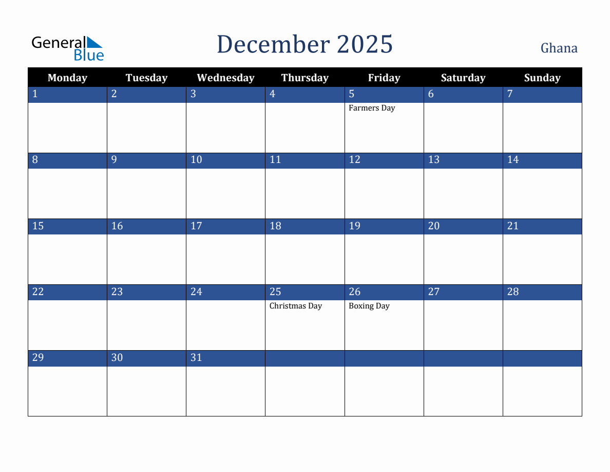 December 2025 Ghana Holiday Calendar (Monday Start)