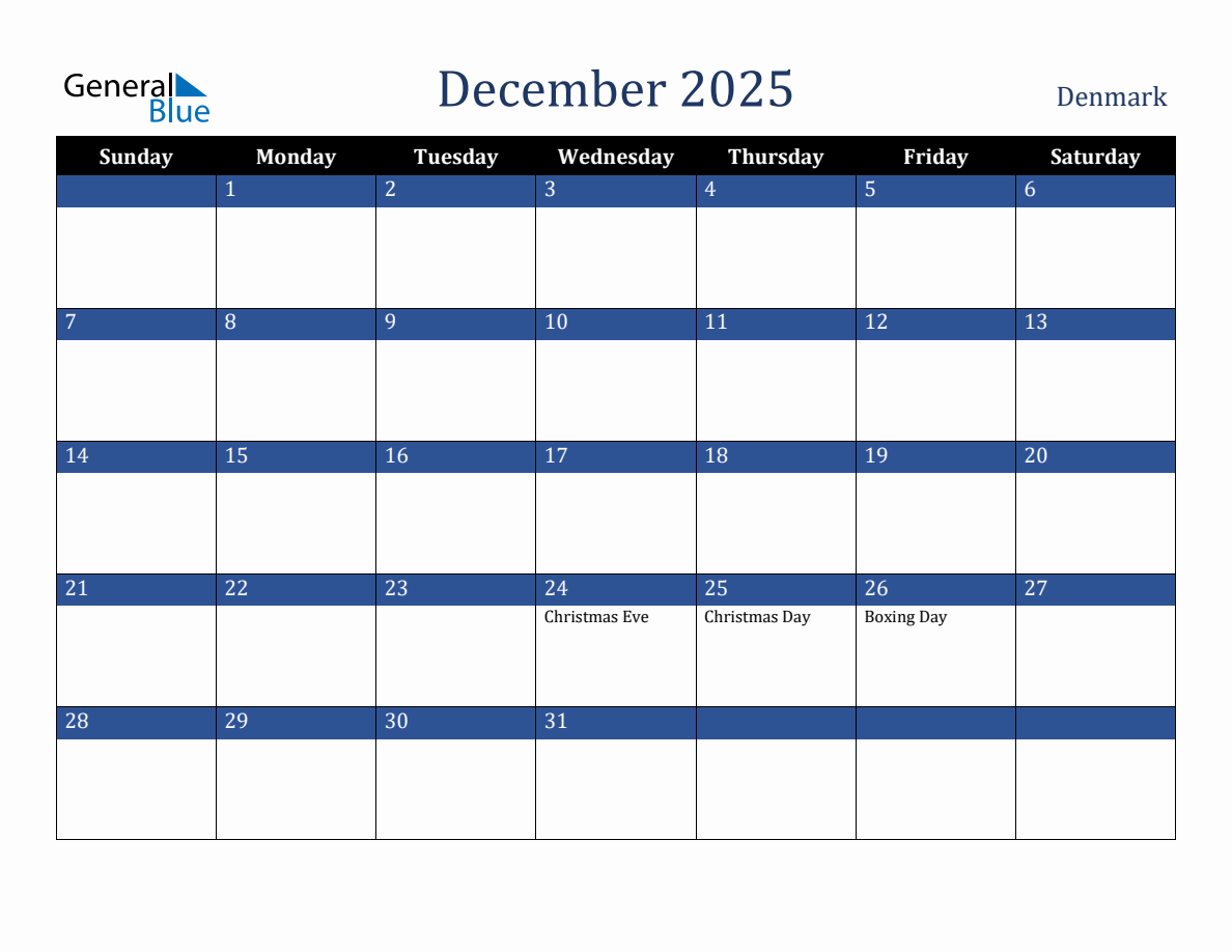 December 2025 Denmark Holiday Calendar