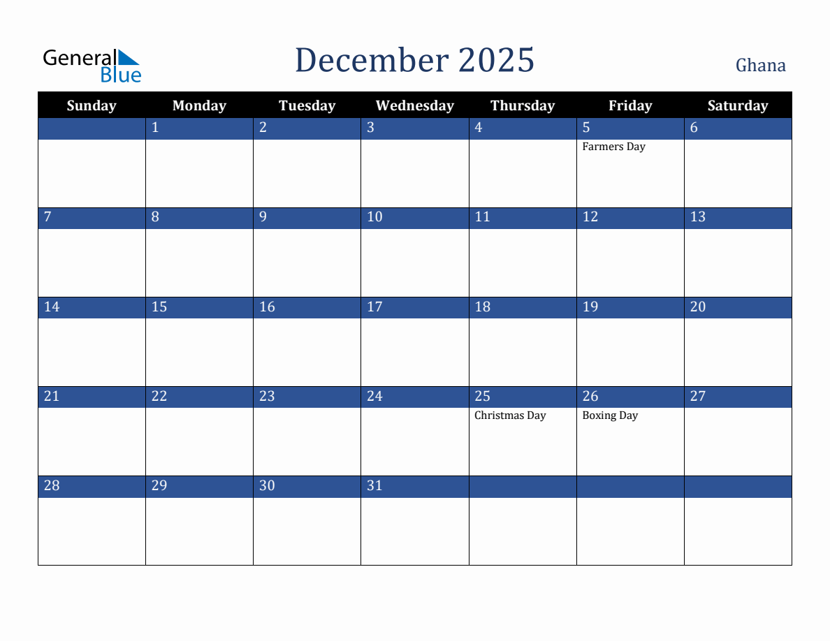 December 2025 Ghana Holiday Calendar