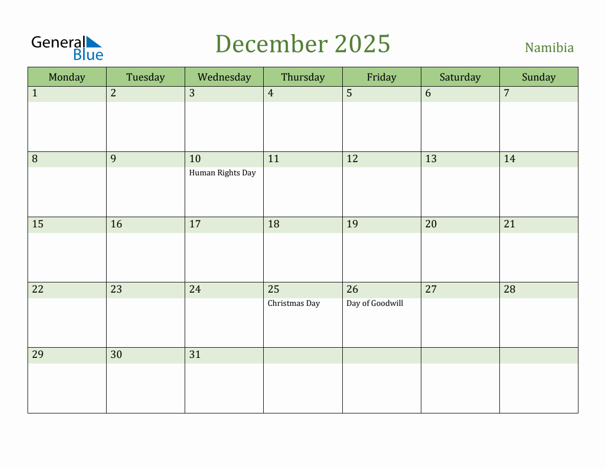 Fillable Holiday Calendar for Namibia - December 2025