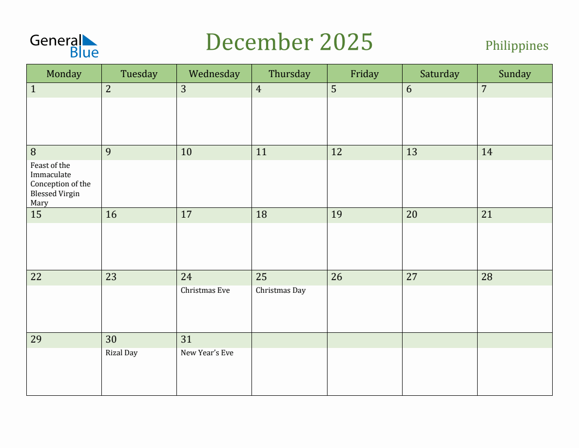 Fillable Holiday Calendar for Philippines - December 2025 (Monday Start)