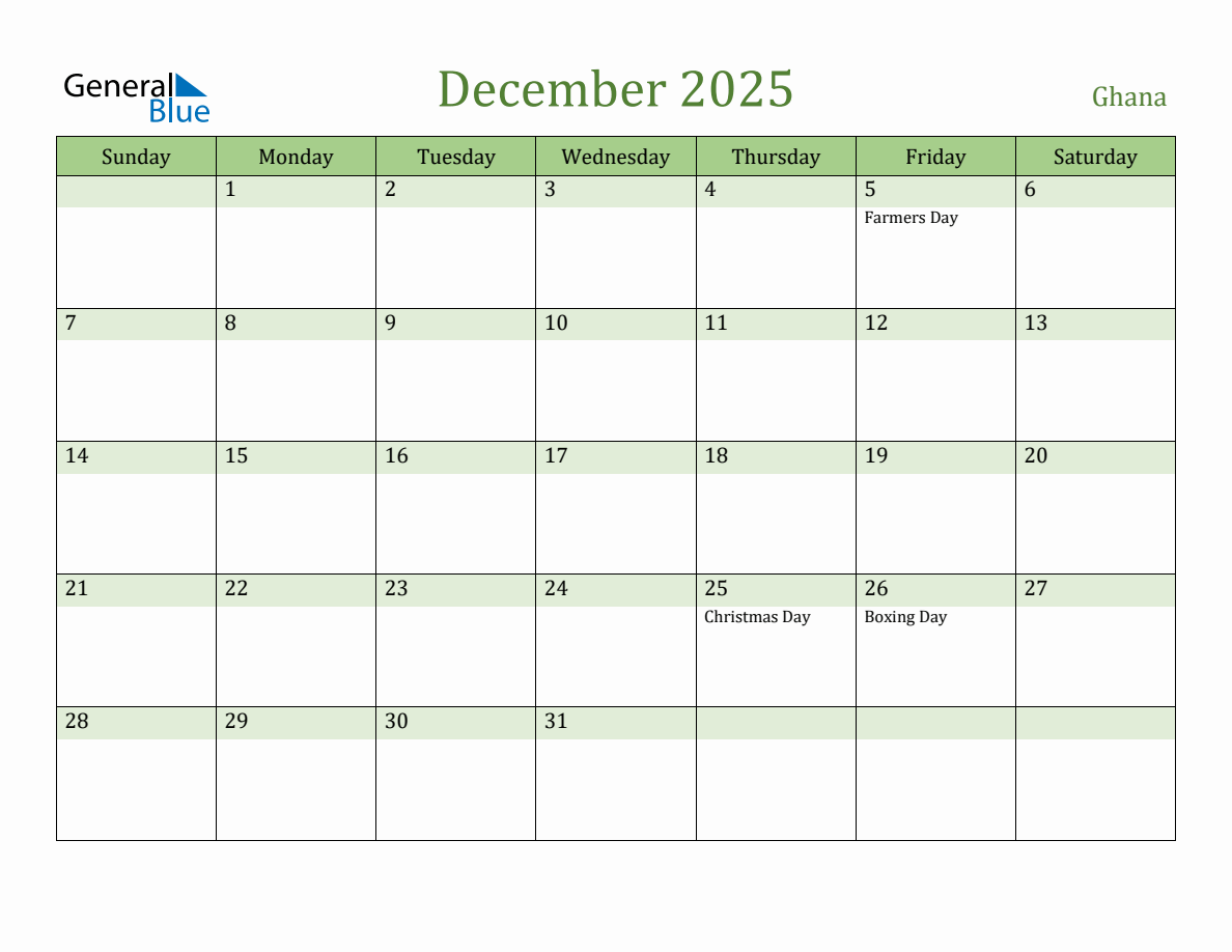 Fillable Holiday Calendar for Ghana - December 2025