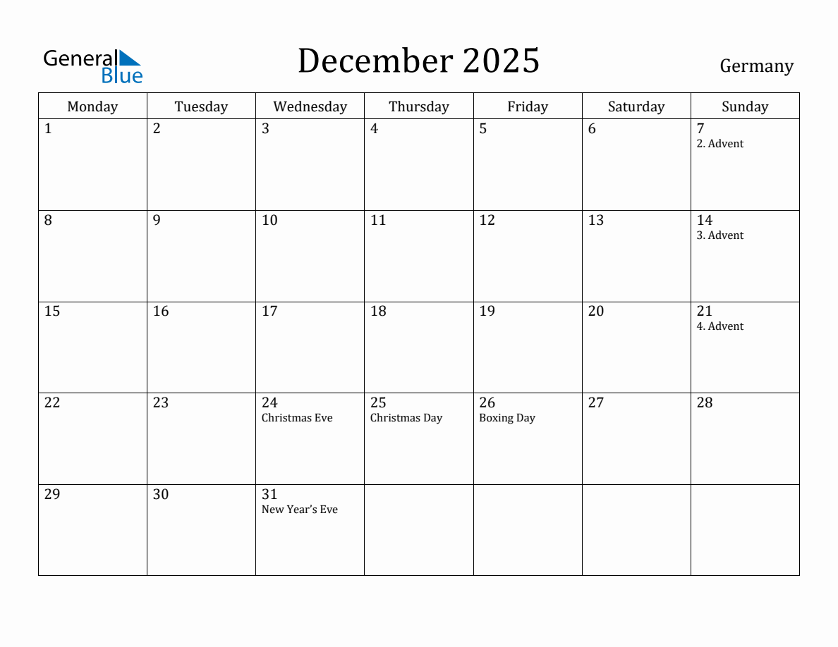 Germany Monthly Calendar - December 2025 (Monday Start)