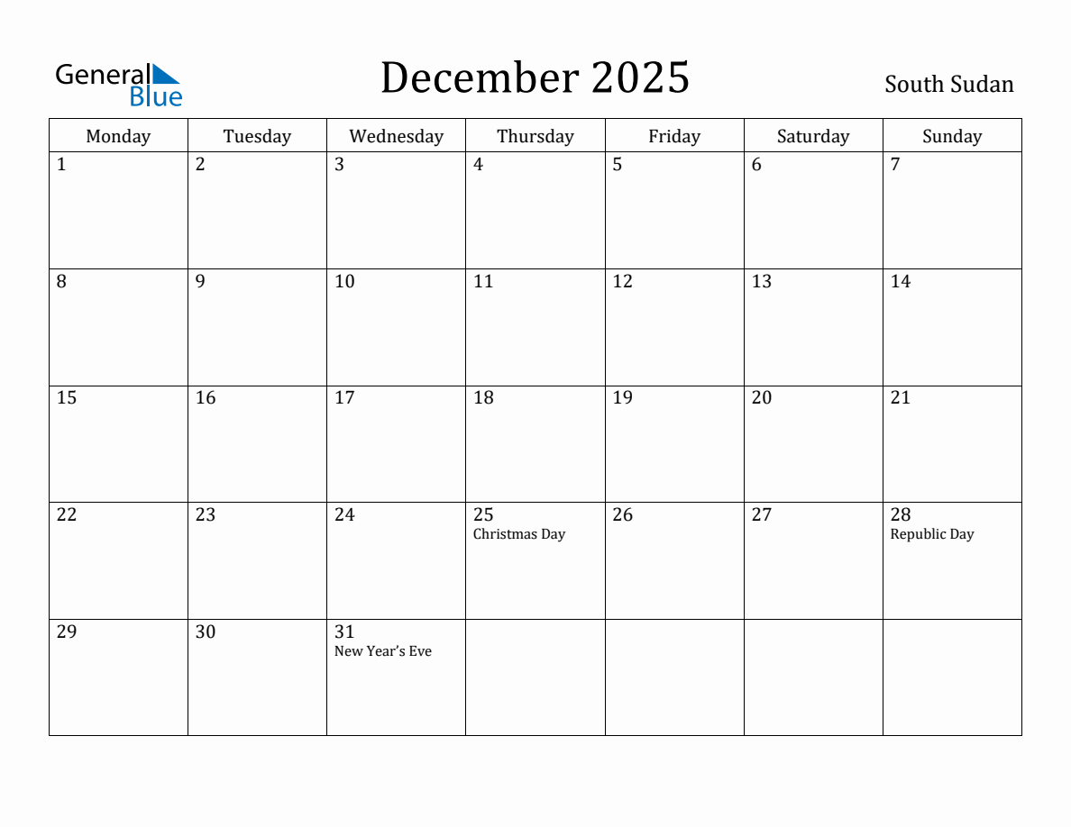 South Sudan Monthly Calendar - December 2025 (Monday Start)
