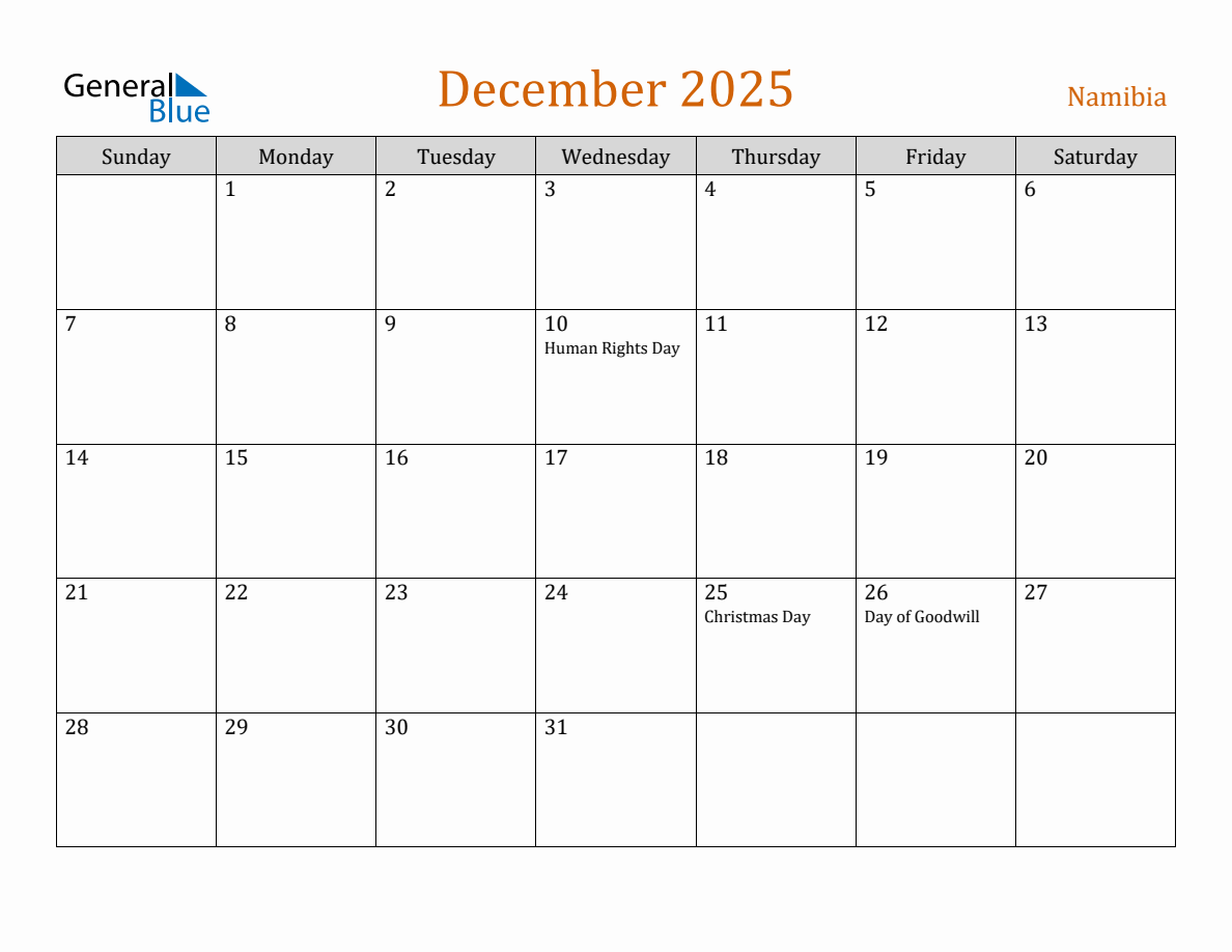 Free December 2025 Namibia Calendar