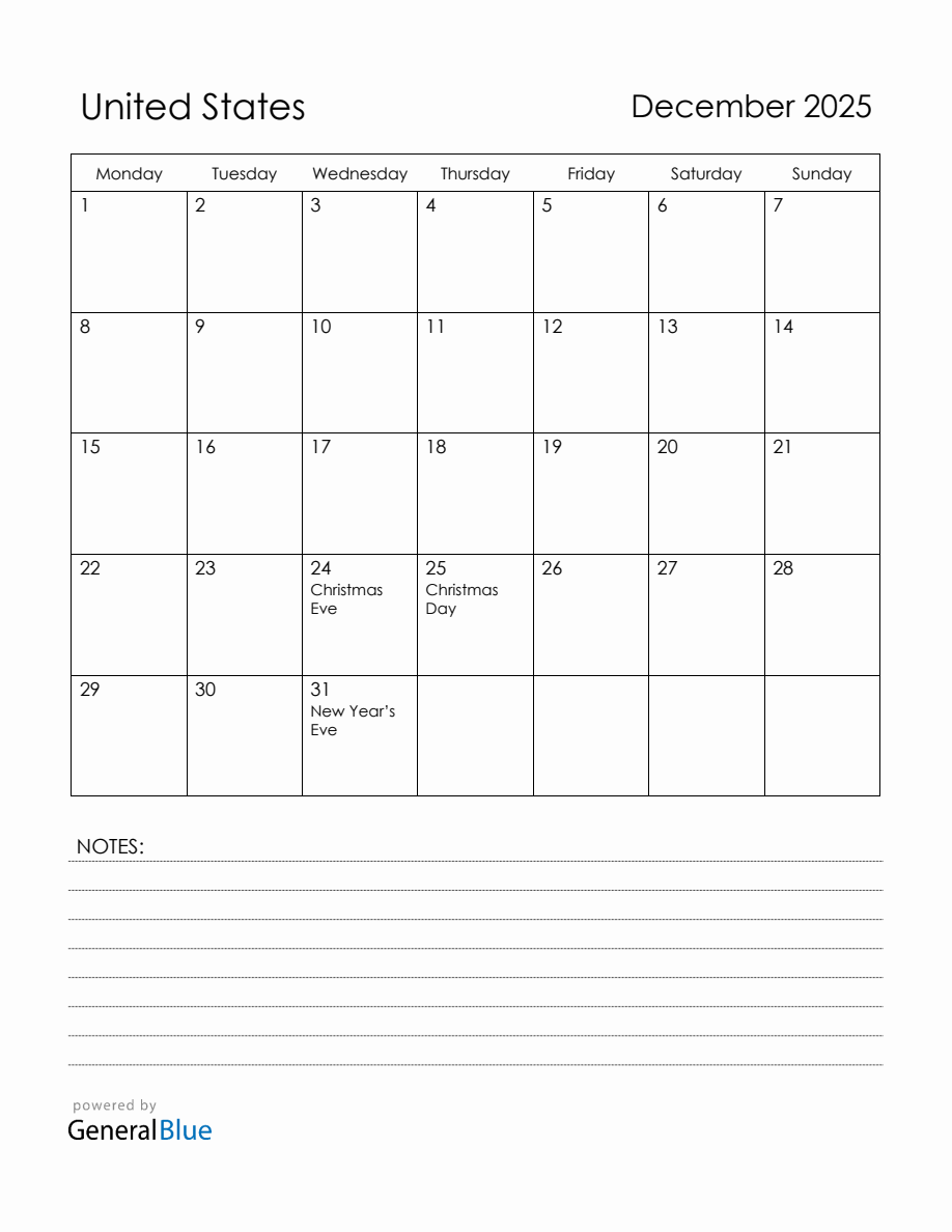 December 2025 United States Calendar with Holidays (Monday Start)