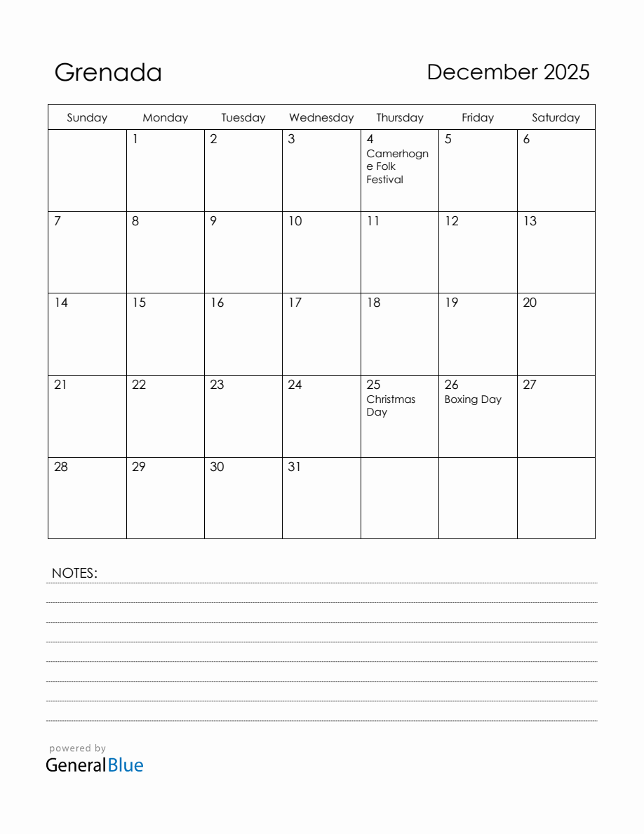 December 2025 Grenada Calendar with Holidays