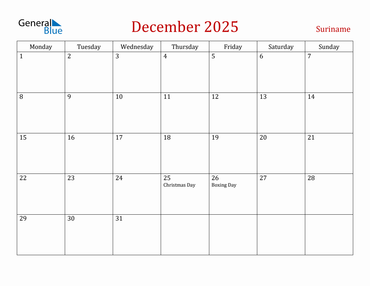 December 2025 Suriname Monthly Calendar with Holidays (Monday Start)