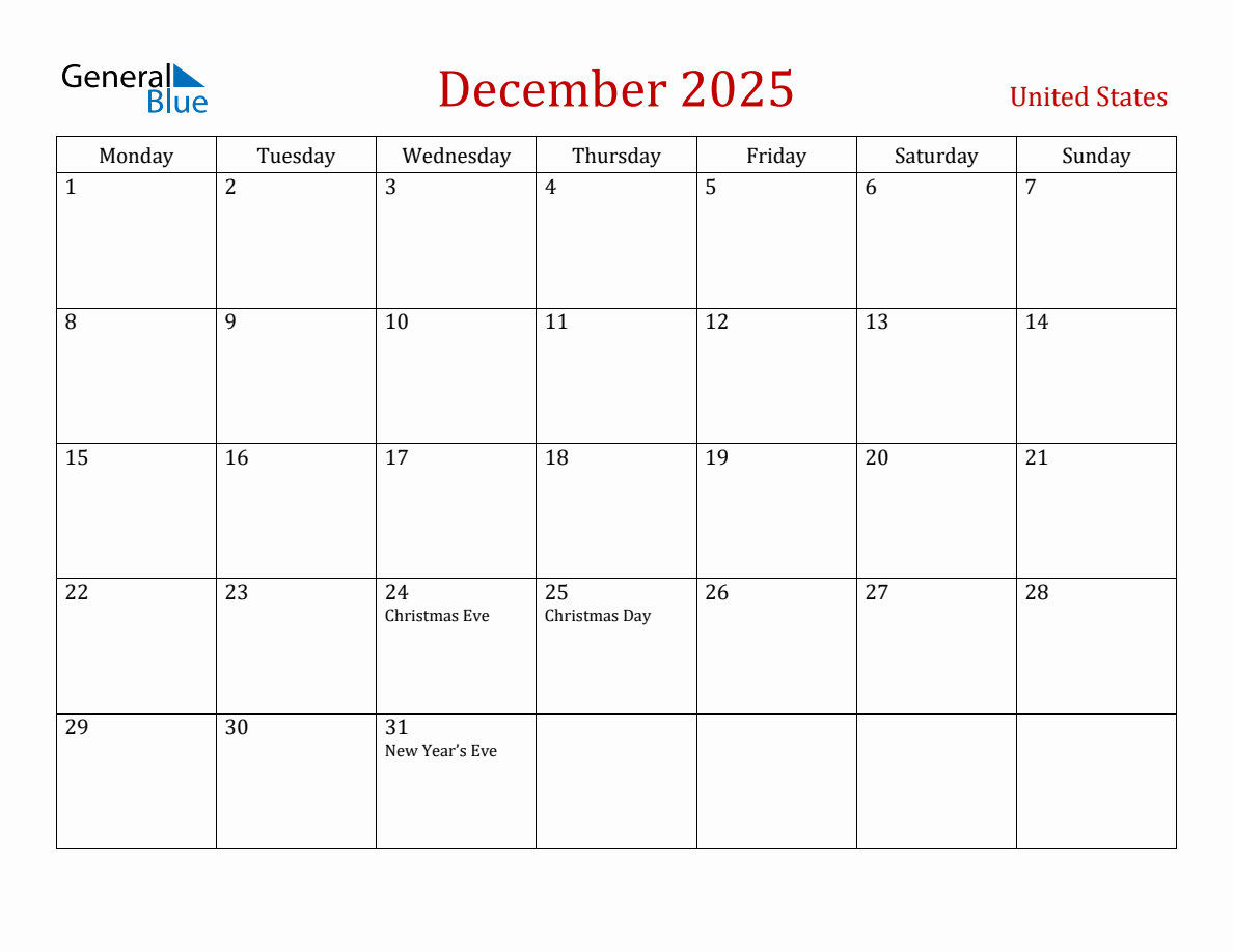 December 2025 United States Monthly Calendar with Holidays (Monday Start)