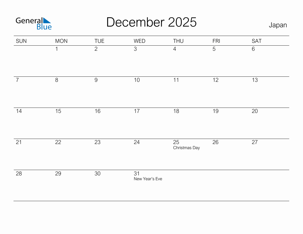 Printable December 2025 Monthly Calendar with Holidays for Japan
