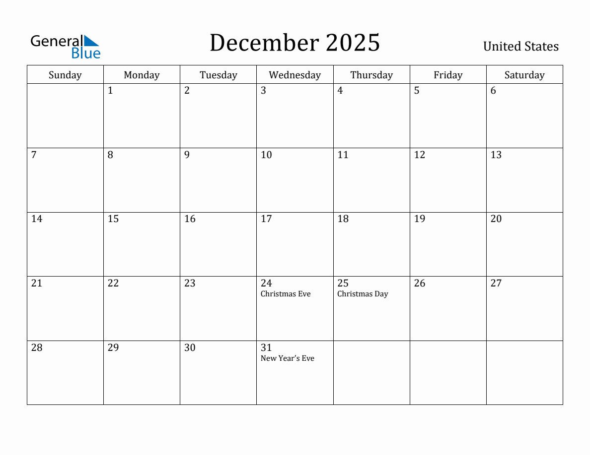 December 2025 Monthly Calendar with United States Holidays