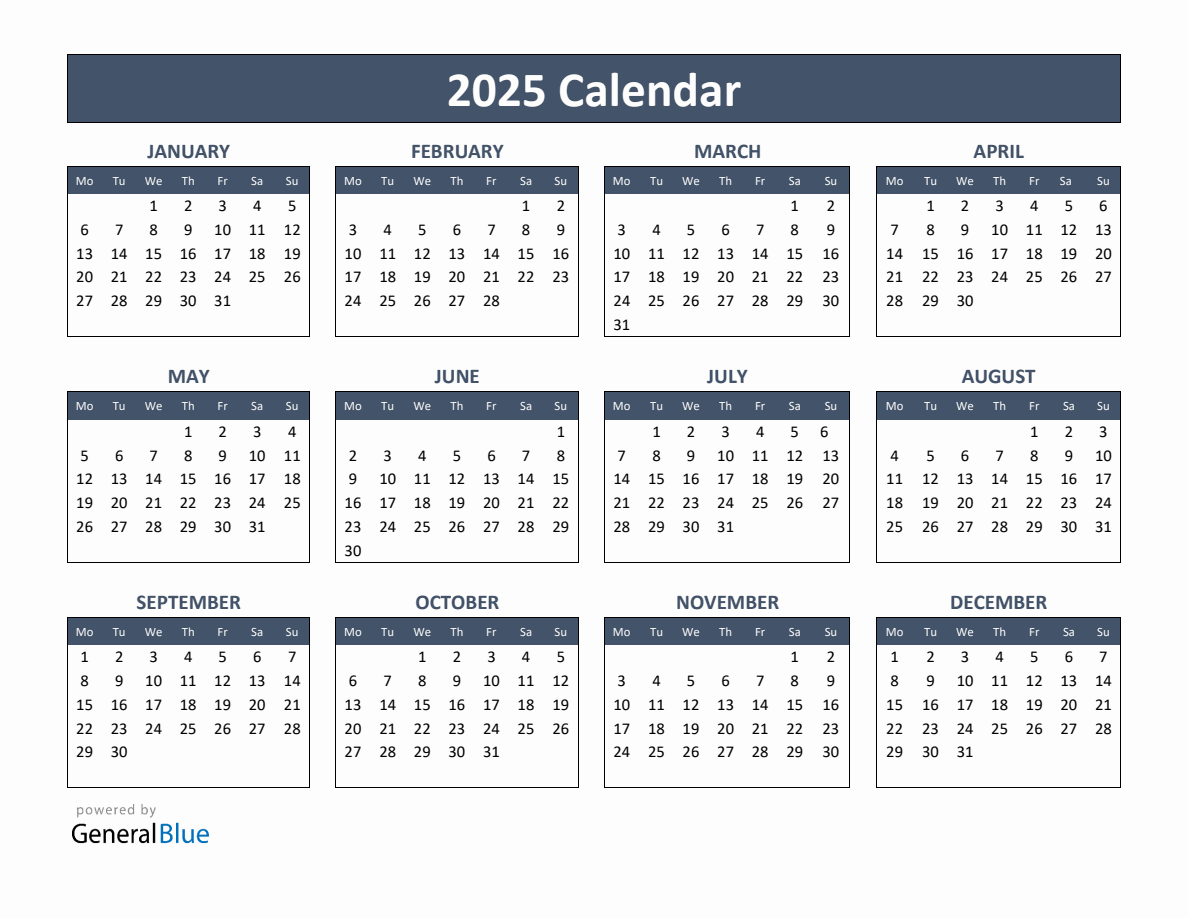 Basic Annual Calendar for Year 2025 with Monday Start