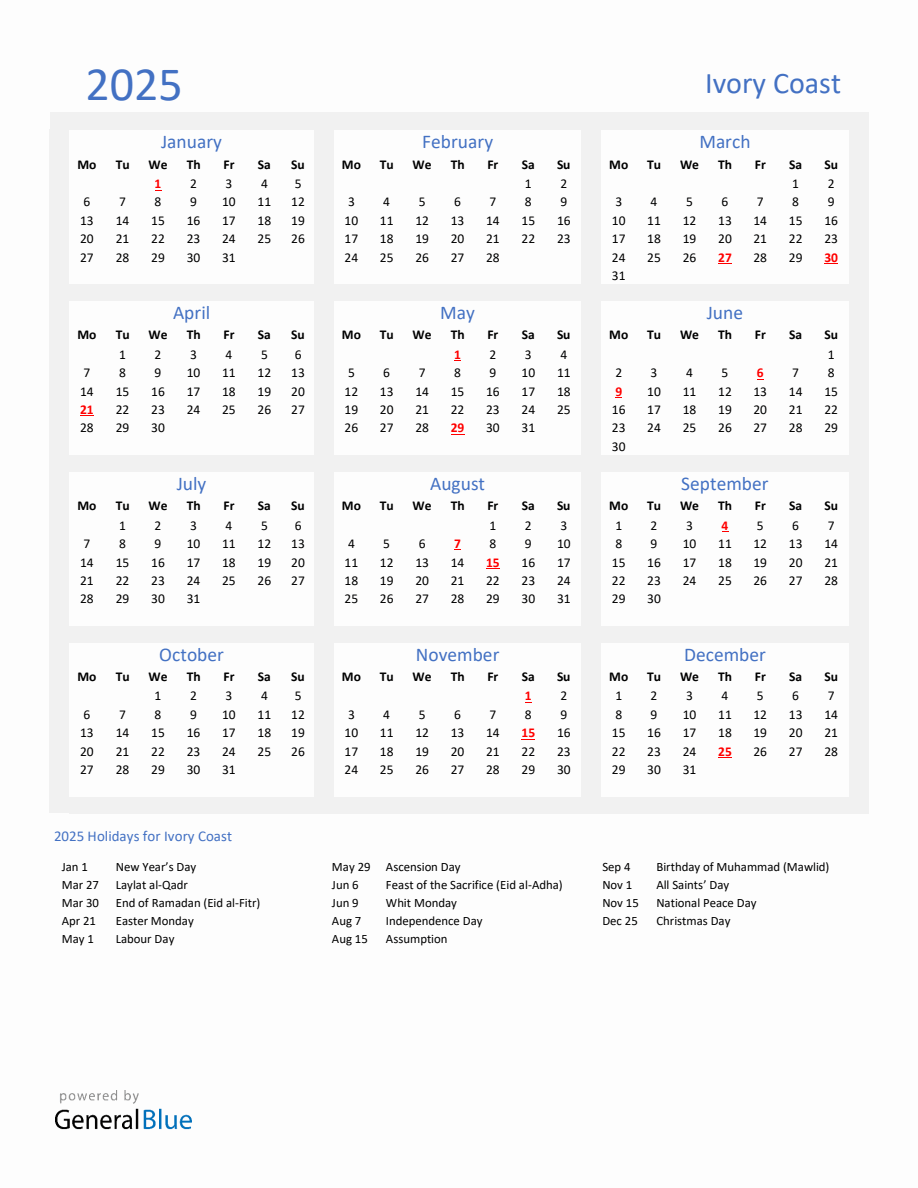 Basic Yearly Calendar with Holidays in Ivory Coast for 2025 - Monday Start