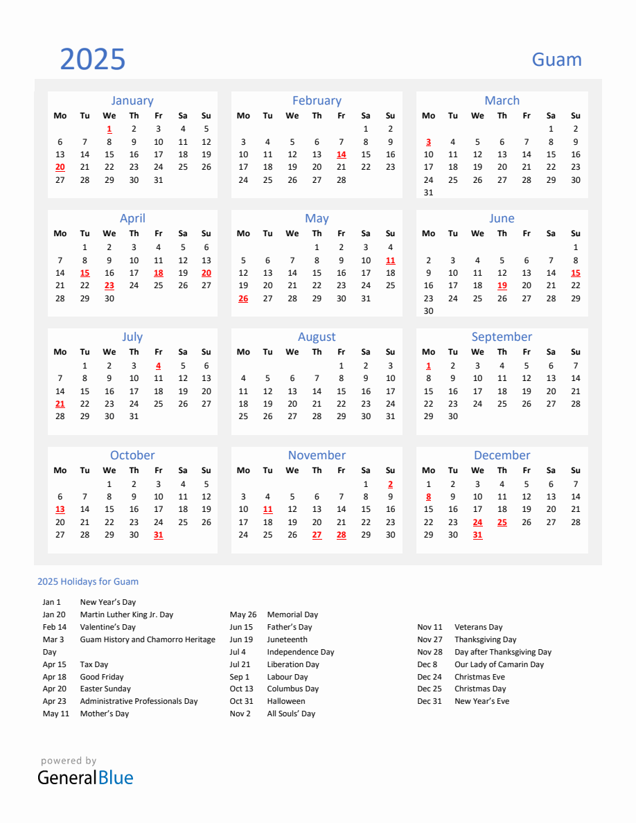 Basic Yearly Calendar with Holidays in Guam for 2025 - Monday Start
