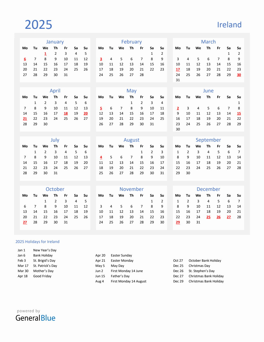 Basic Yearly Calendar with Holidays in Ireland for 2025 - Monday Start