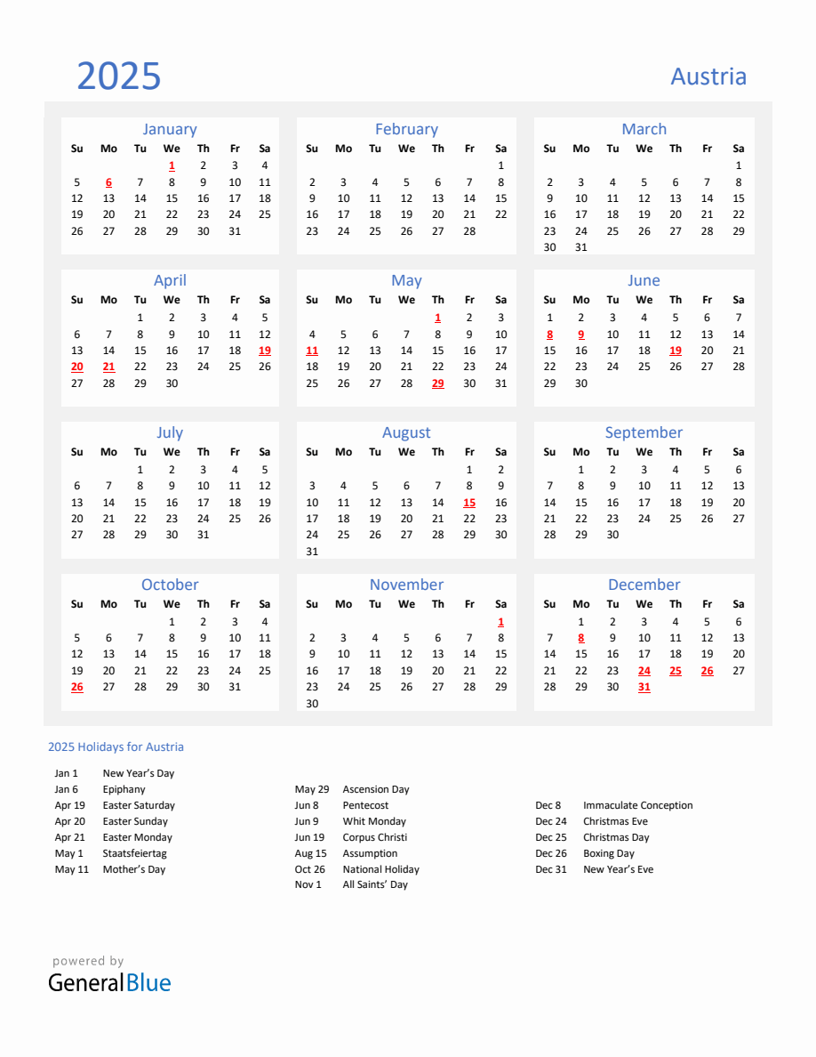 Basic Yearly Calendar with Holidays in Austria for 2025