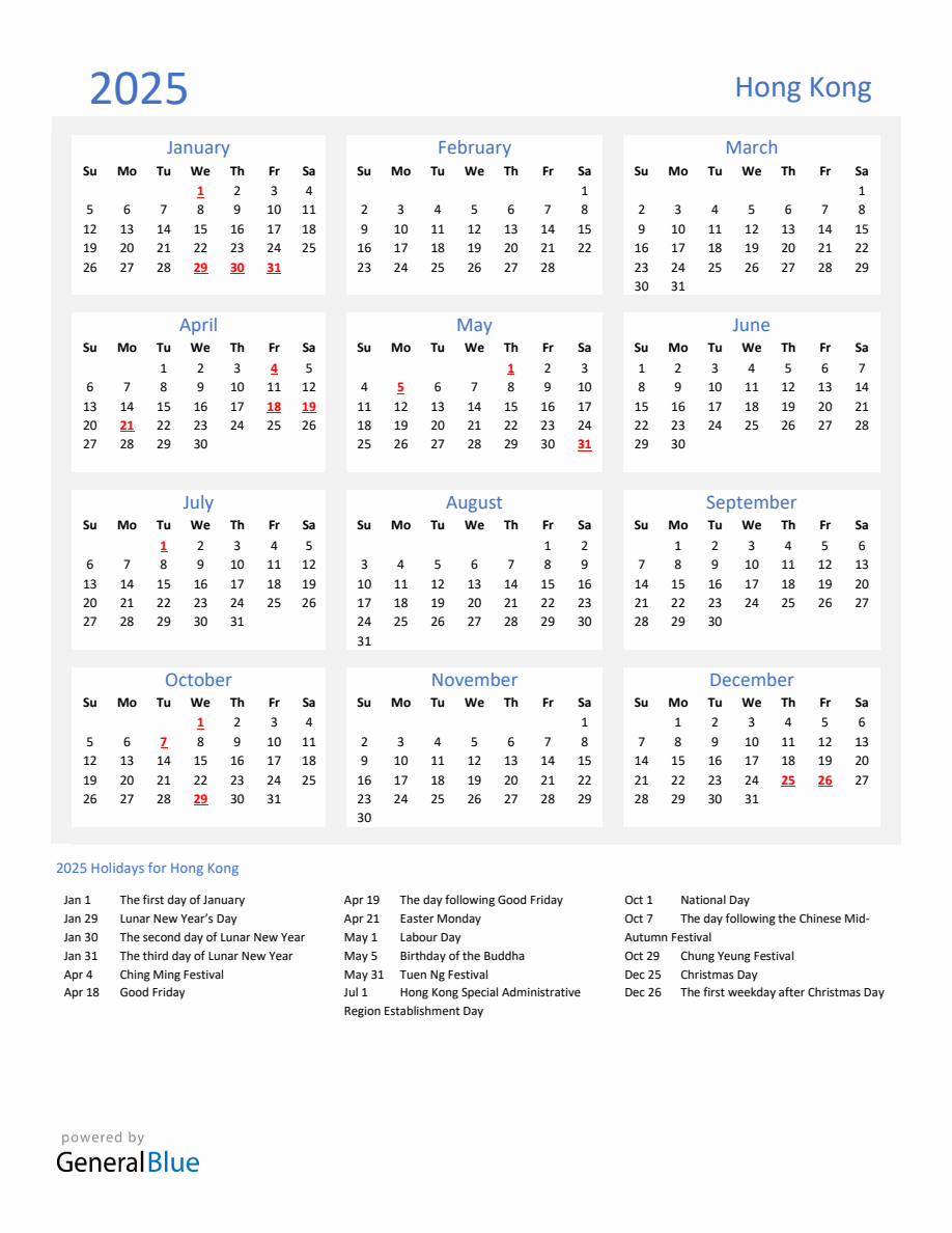 Basic Yearly Calendar with Holidays in Hong Kong for 2025