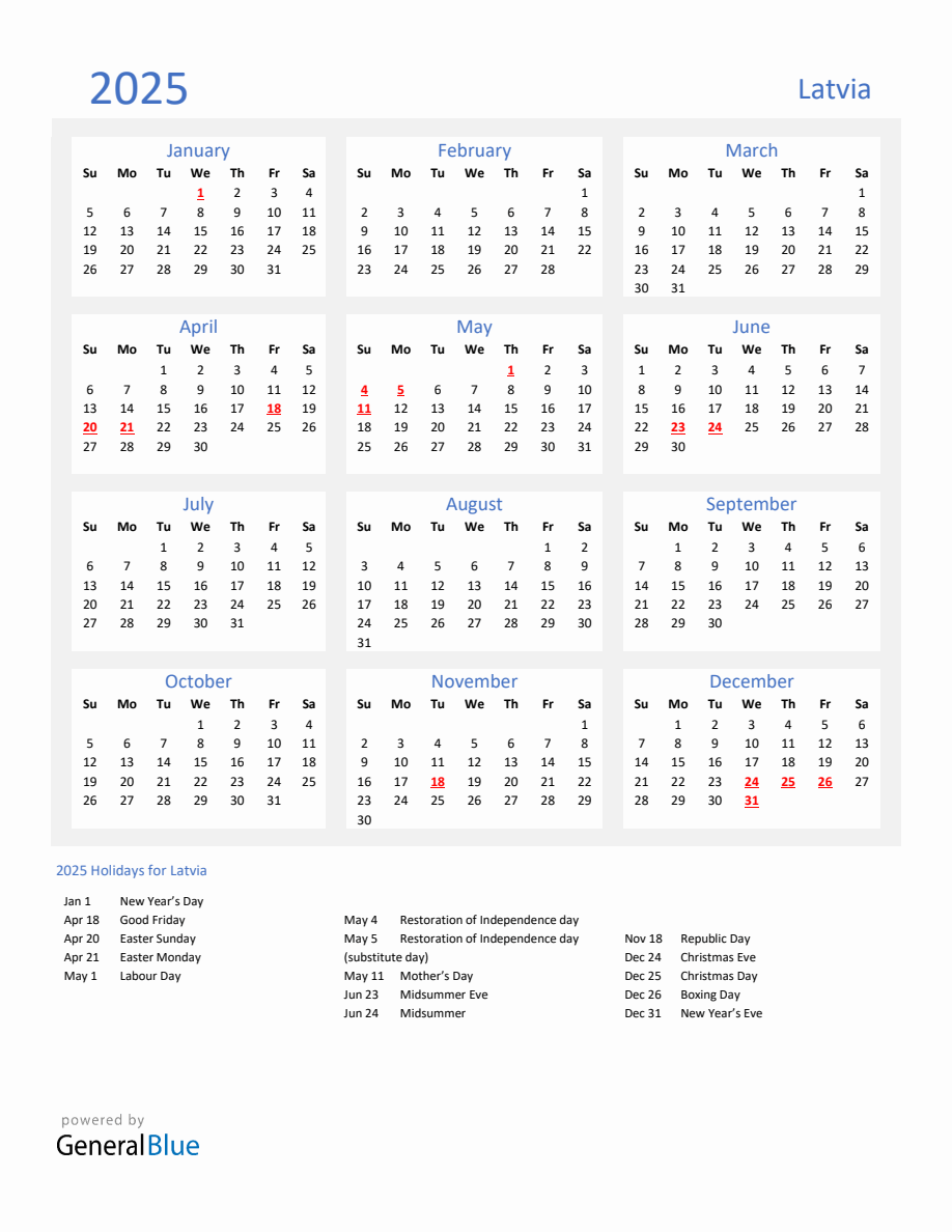Basic Yearly Calendar with Holidays in Latvia for 2025