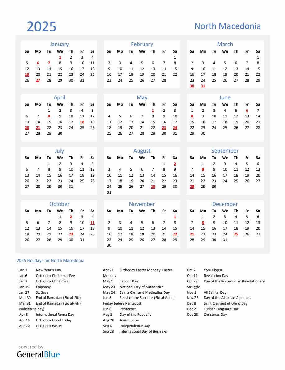 Basic Yearly Calendar with Holidays in North Macedonia for 2025