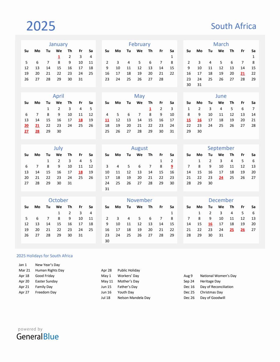 Basic Yearly Calendar with Holidays in South Africa for 2025