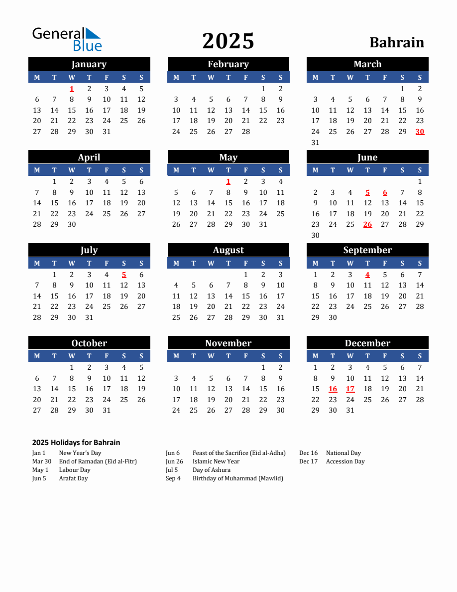 2025 Bahrain Holiday Calendar - Monday Start