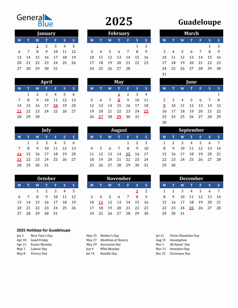 2025 Guadeloupe Holiday Calendar