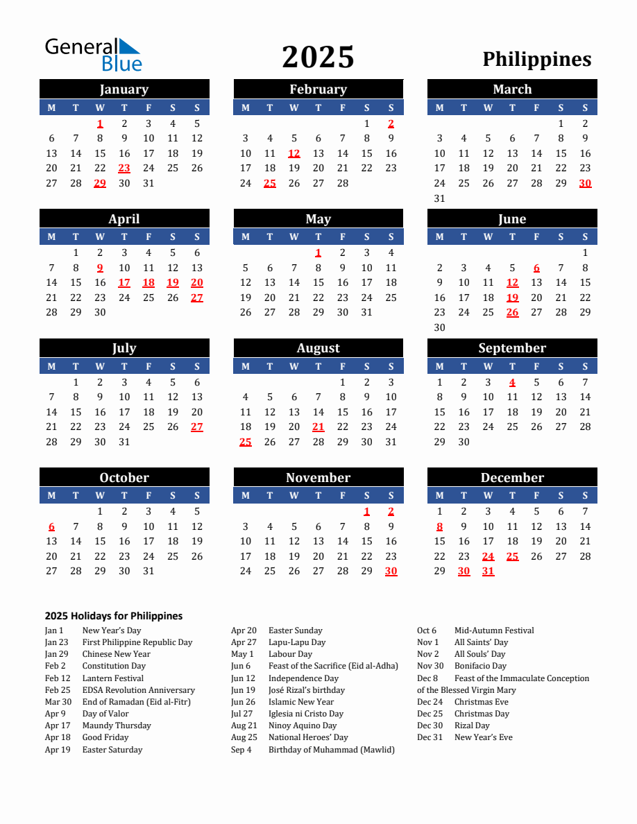 2025 Philippines Holiday Calendar - Monday Start