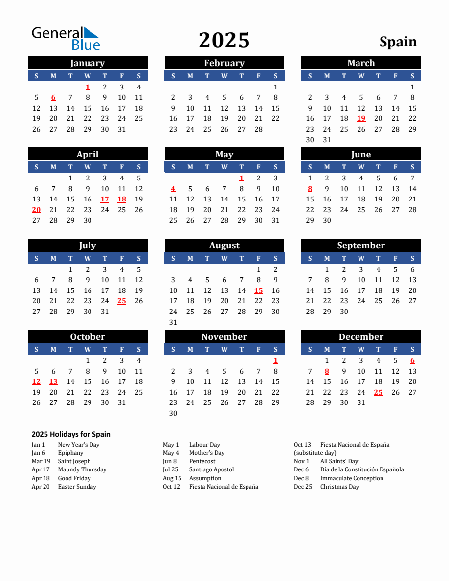 Spanish Holidays Calendar 2025