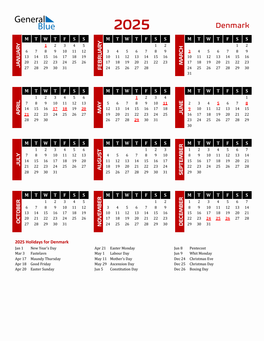 Denmark 2025 Yearly Calendar Downloadable - Monday Start