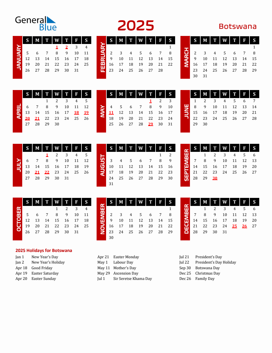 Botswana 2025 Yearly Calendar Downloadable