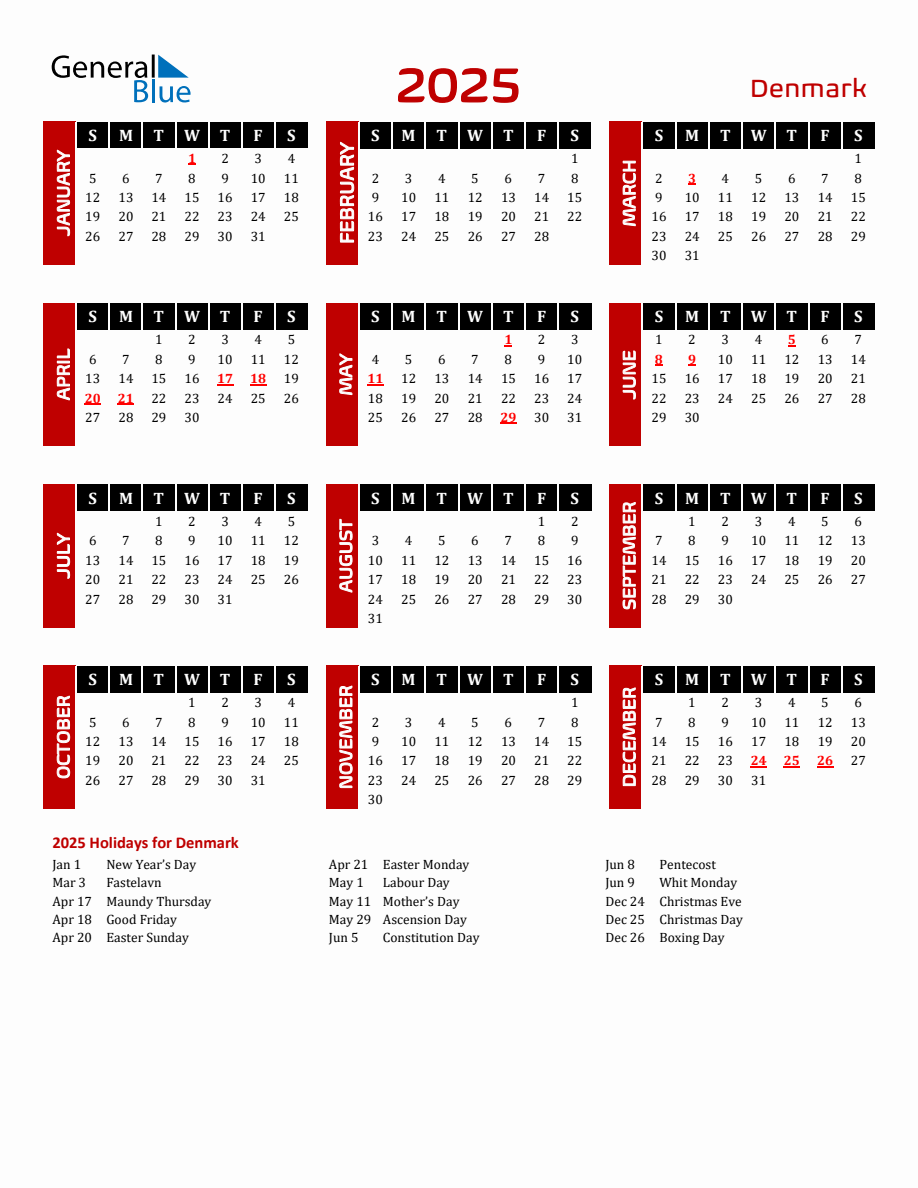 Denmark 2025 Yearly Calendar Downloadable