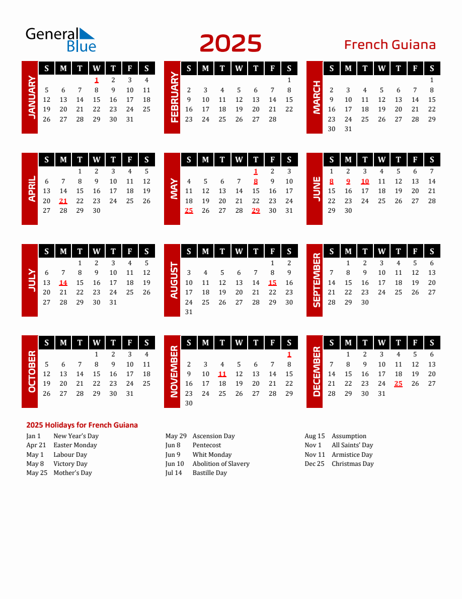 French Guiana 2025 Yearly Calendar Downloadable