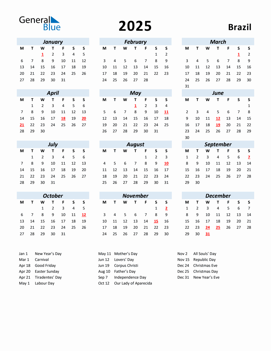 2025 Yearly Calendar for Brazil with Holidays - Monday Start