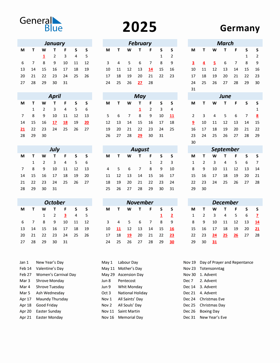 2025 Yearly Calendar for Germany with Holidays - Monday Start