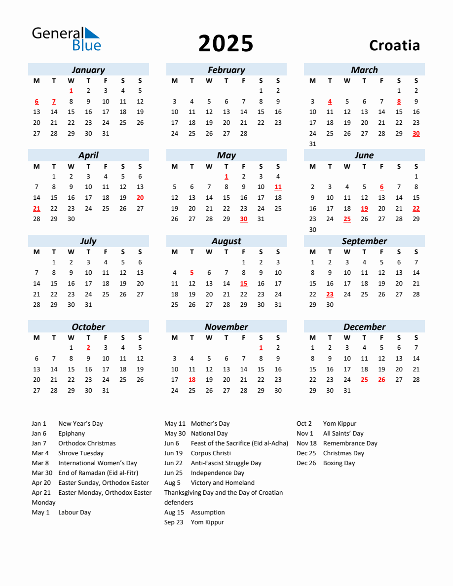 2025 Yearly Calendar for Croatia with Holidays - Monday Start