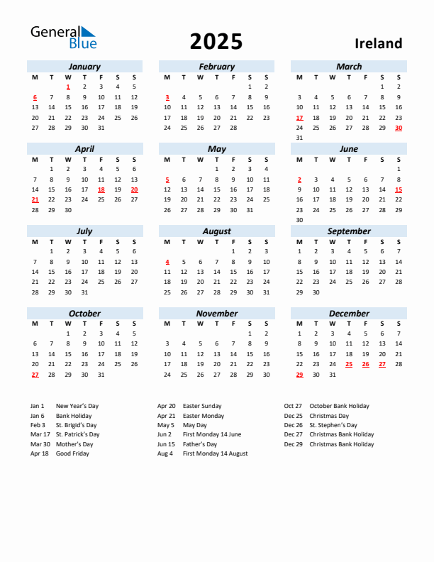 2025 Ireland Calendar With Holidays Monday Start 2025 Ireland Calendar With Holidays Monday Start
