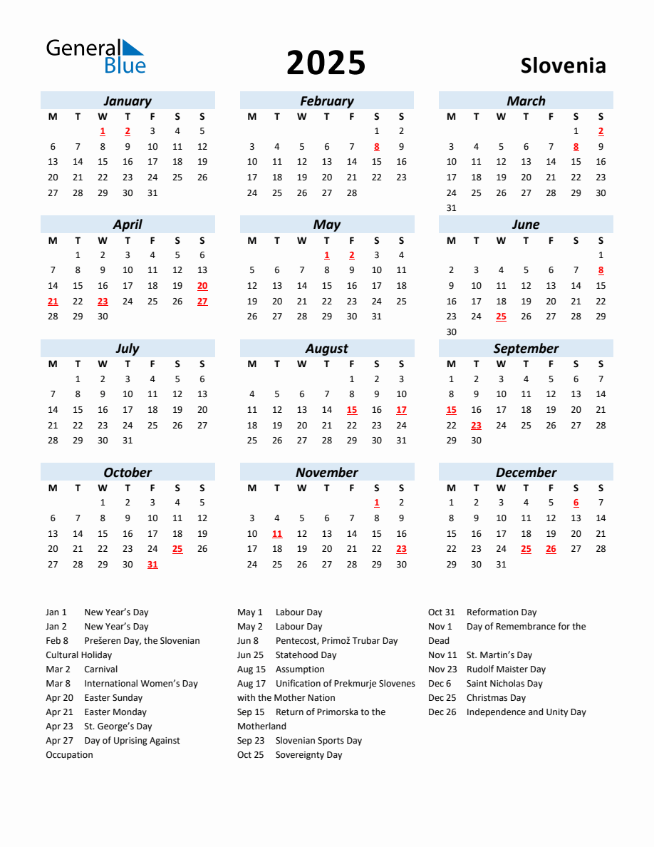 2025 Yearly Calendar for Slovenia with Holidays - Monday Start