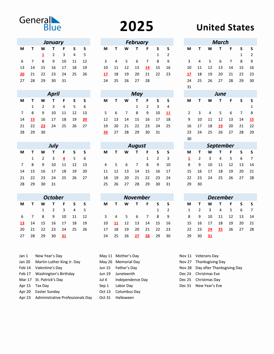 2025 Yearly Calendar for United States with Holidays - Monday Start