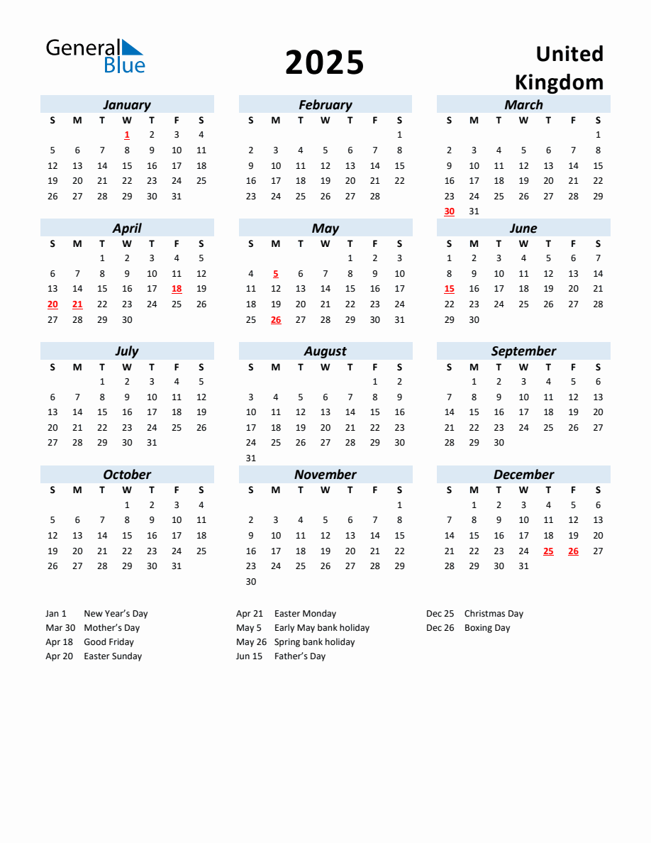 2025 Yearly Calendar for United Kingdom with Holidays