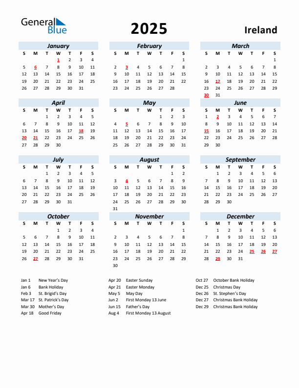 2025 Printable Calendar With Ireland Holidays
