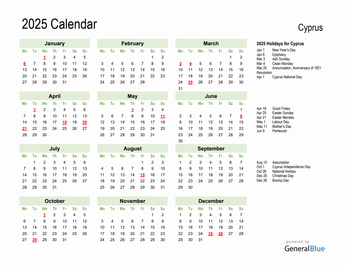 Holiday Calendar 2025 for Cyprus - Monday Start